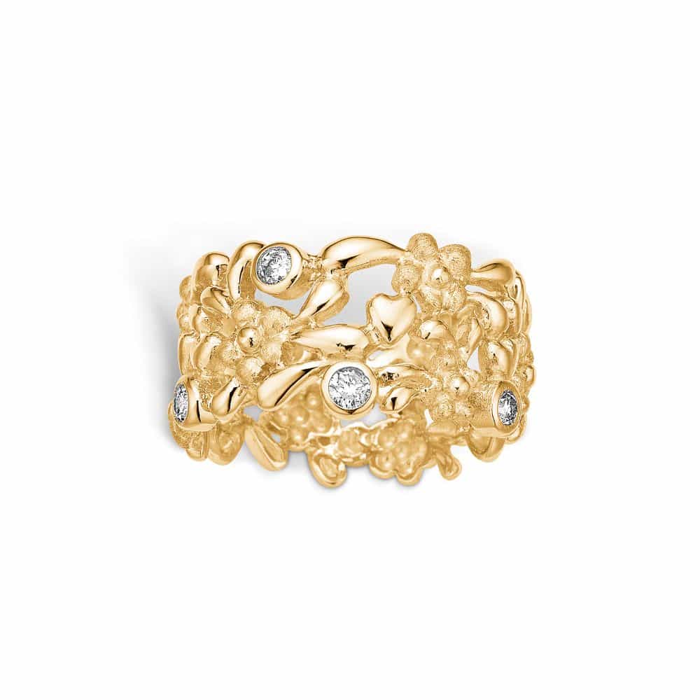14 kt guld ring med matte diamantbesatte blomster og 4 diamanter ...